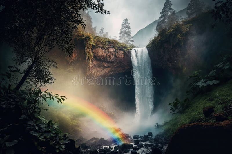 Majestic Waterfall with Rainbow Shining in the Mist and Surrounded by ...