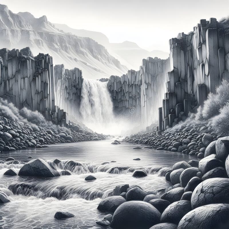 A Majestic Waterfall in Rocky Canyon Drawn with Graphite Pencil. Stock ...
