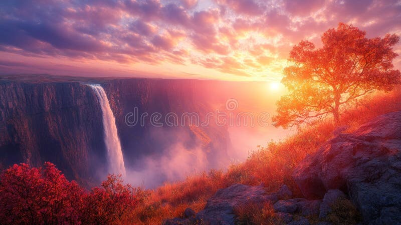 Majestic Waterfall at Sunset, Dramatic Scenery Stock Illustration ...