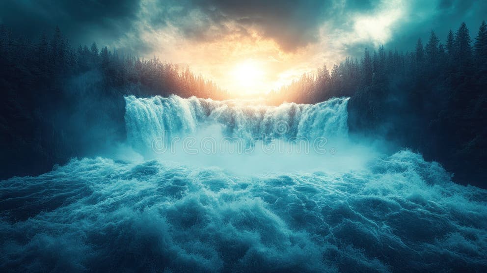 Majestic Waterfall Sunset Forest Backdrop, Dramatic Scene Stock ...