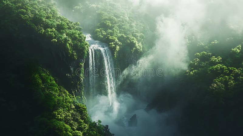 A Majestic Waterfall Surrounded by Lush Greenery and Mist. Stock ...