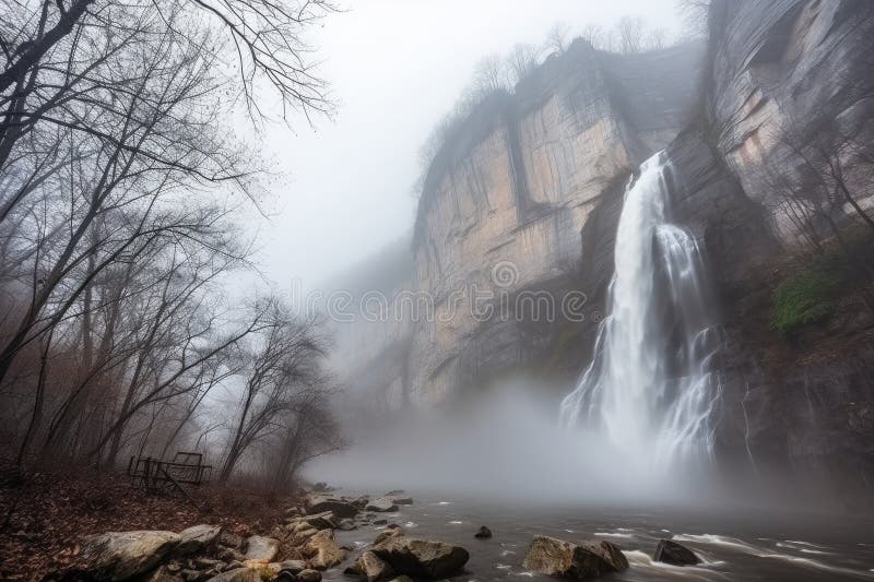 Majestic Waterfall Surrounded by Thick Fog, Creating Mystical Scene ...