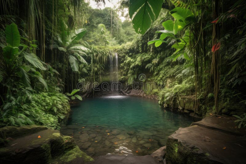 Majestic Waterfall Tumbling into Pristine Jungle Pool Stock ...