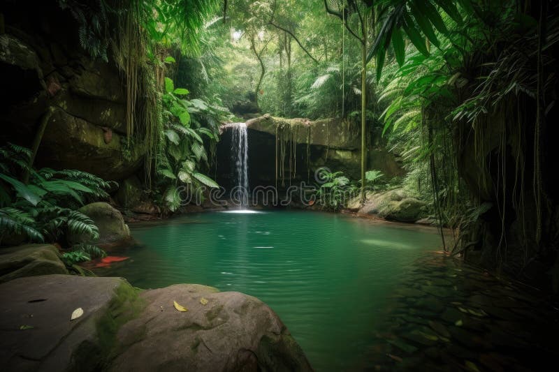 Majestic Waterfall Tumbling into Pristine Jungle Pool Stock Photo ...