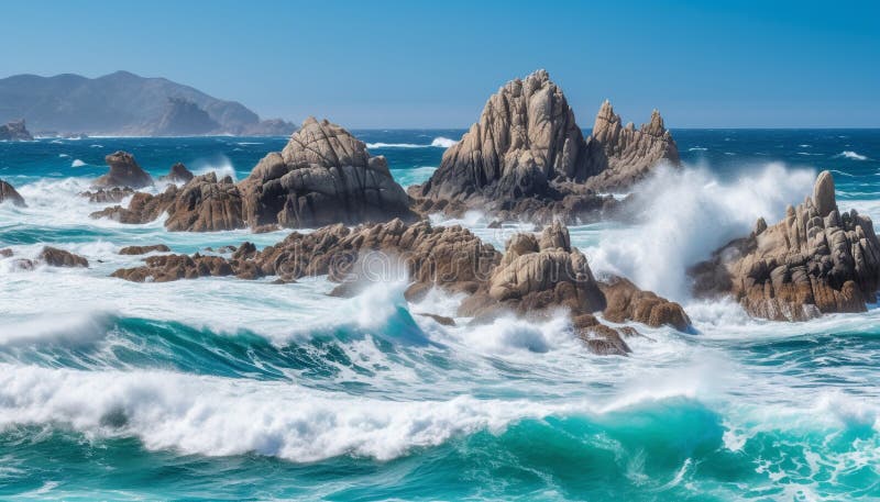 Majestic Waves Break on the Rocky Coastline, Creating a Stunning ...