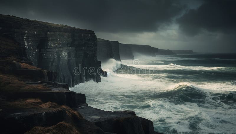 Majestic Waves Crash on Eroded Sandstone Cliffs Generated by AI Stock ...