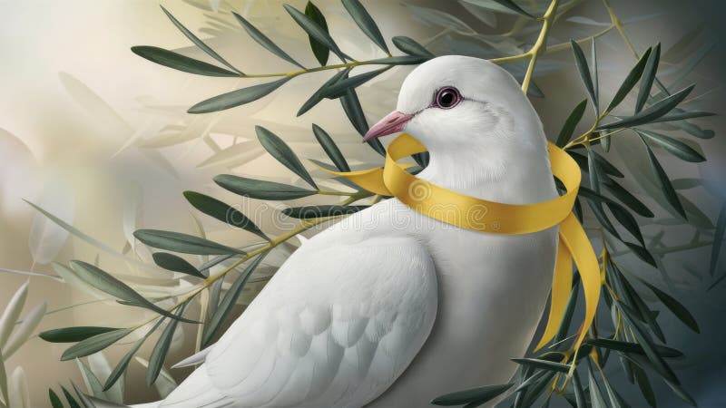 Majestic White Dove with Yellow Ribbon among Olive Branches in Soft ...