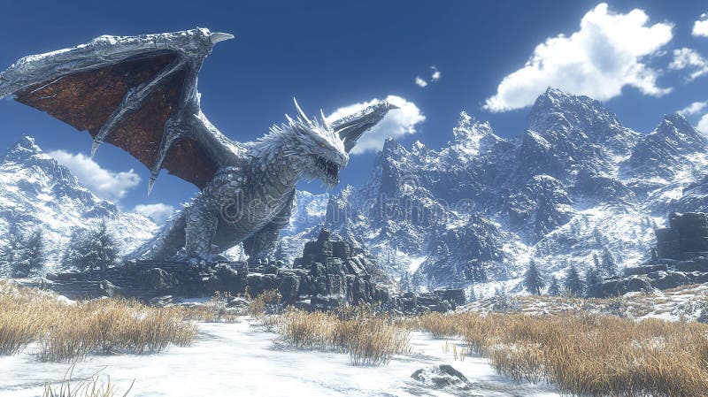 Majestic White Dragon Amidst Snowy Mountains Stock Illustration ...