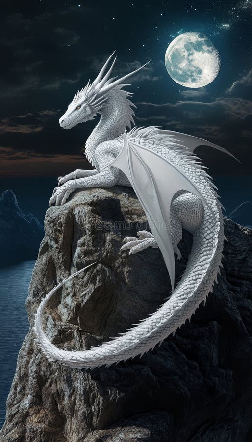 Majestic White Dragon Resting on a Rock Under Moonlight, Highlighting ...
