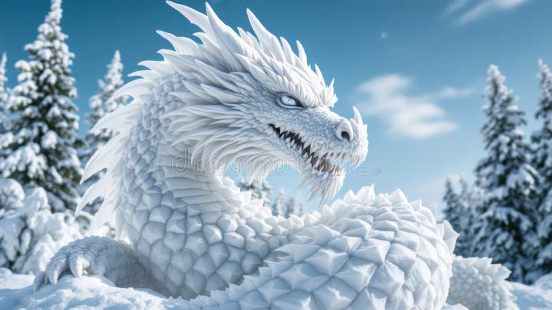 Majestic White Dragon in Snowy Forest with Blue Sky Background Stock ...