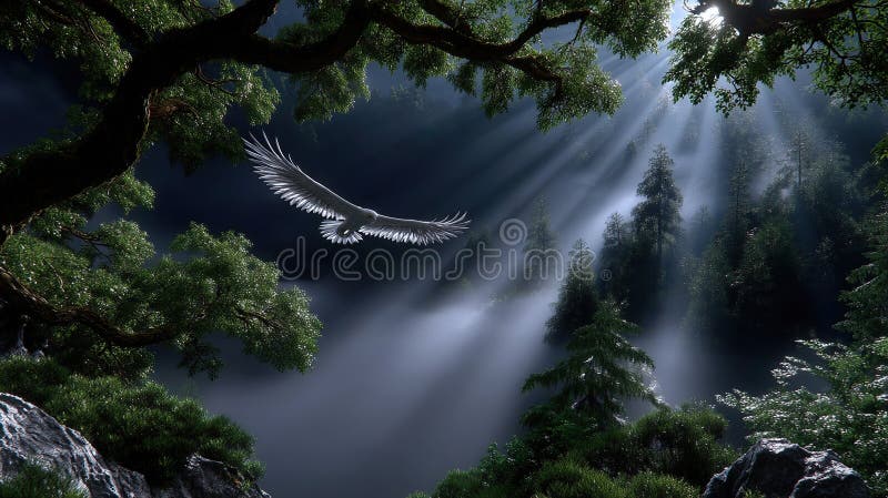 A White Eagle Gracefully Flies through a Sunlit Forest, Creating a ...