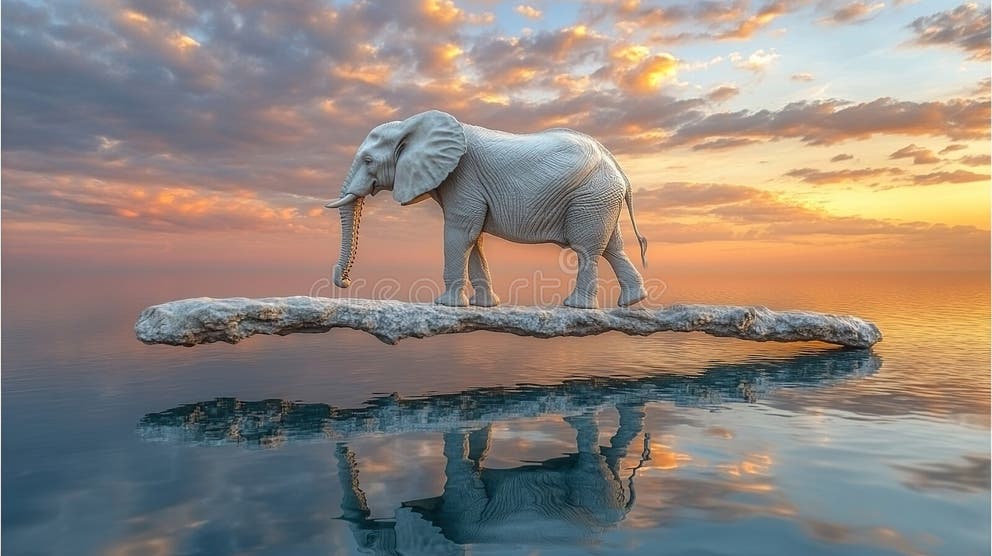 Majestic White Elephant on a Floating Log at Sunset Stock Illustration ...