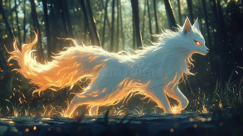A Majestic White Fox with Fiery Tail Strides through a Mystical Forest ...