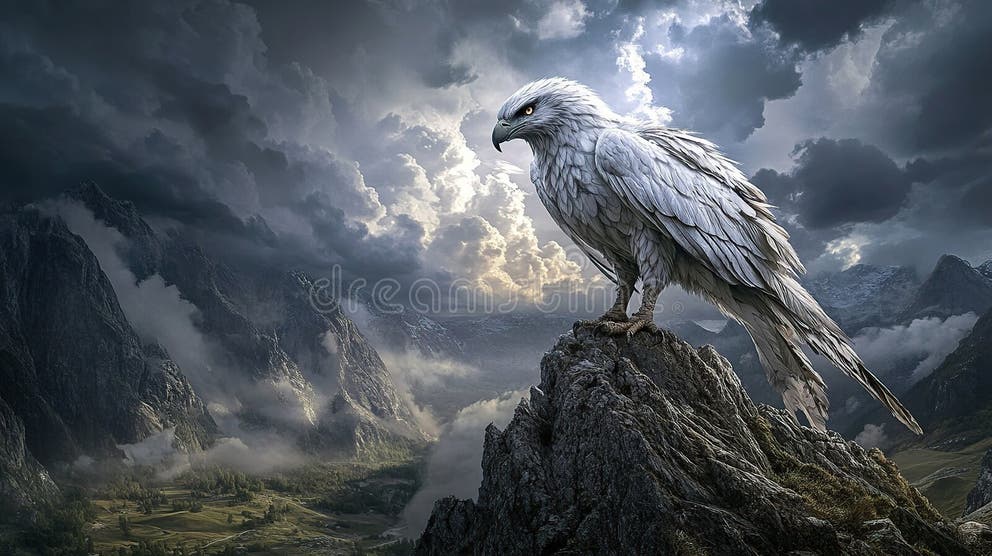 Majestic White Hawk Perched on Mountain Peak during Dramatic Storm ...