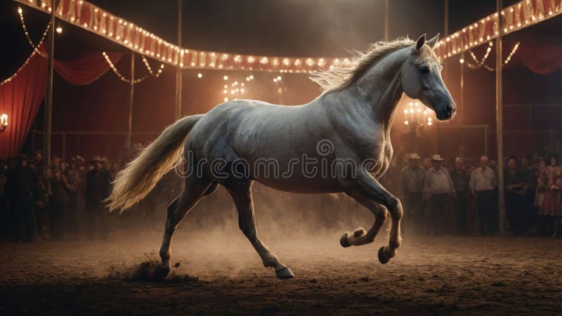 Majestic White Stallion Running in Circus Arena at Night Stock ...