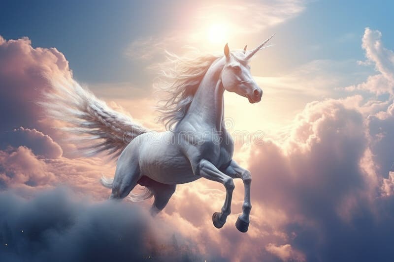 A Majestic White Horse Soars through Fluffy White Clouds Stock Image ...