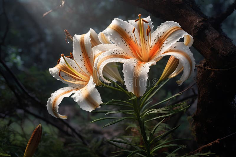 Majestic White Lilies Bathed in Sunlight in a Forest Stock Photo ...