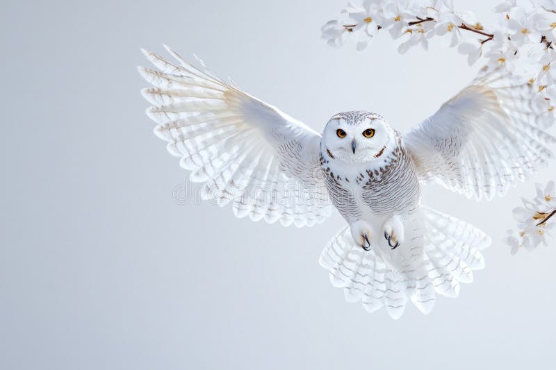 Majestic White Owl in Mid-flight with Wings Spread Wide Against a Clean ...