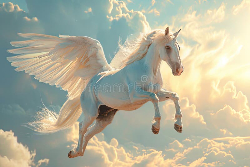 Majestic White Pegasus Horse Flying High Above the Clouds Stock Image ...