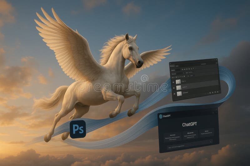 A Majestic White Pegasus Soars through the Clouds Alongside Interface Elements from Photoshop ...