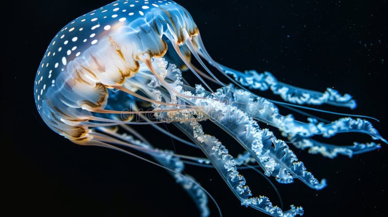 Majestic White-Spotted Jellyfish Gliding in Deep Blue Sea Stock Image ...