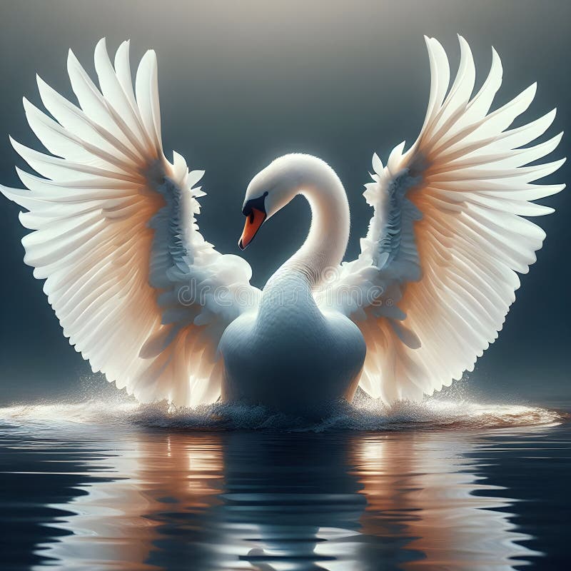 Majestic White Swan Spreading Wings on Water Surface Stock Illustration ...