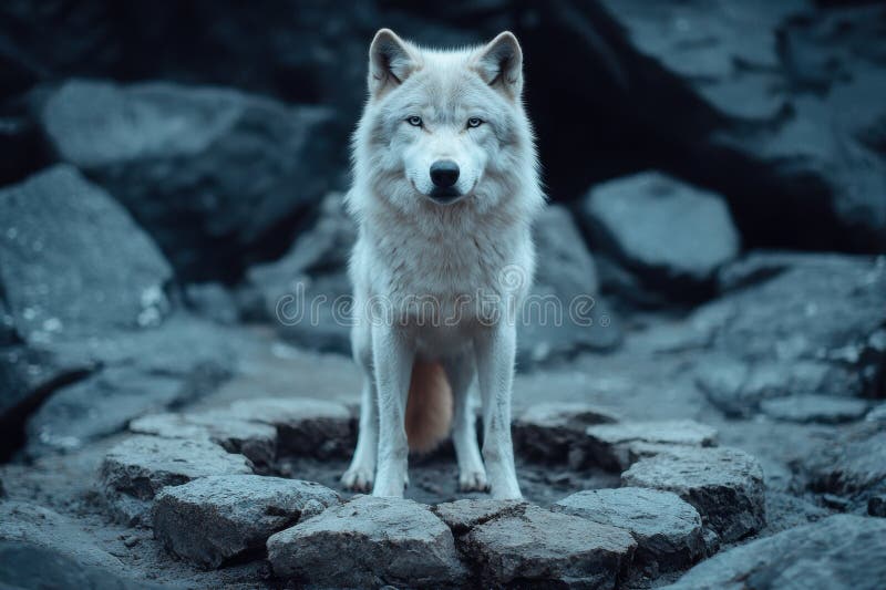 Majestic White Wolf Standing on Rocks Stock Illustration - Illustration ...