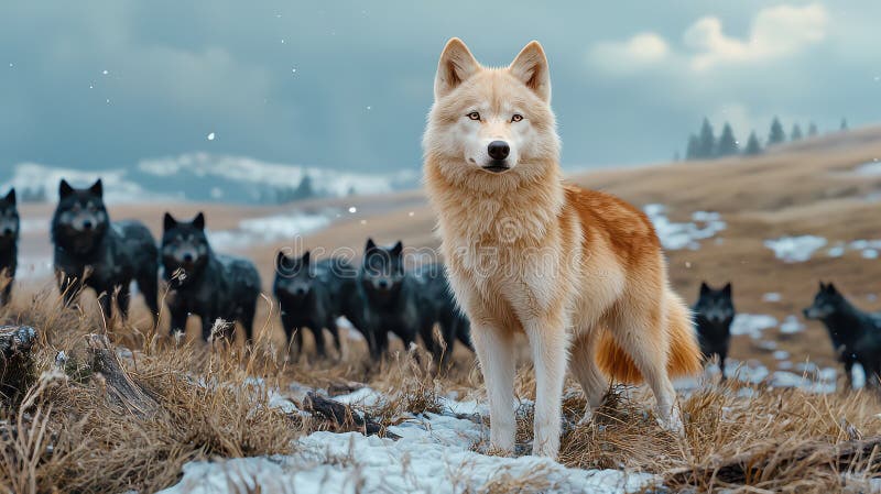 Majestic White Wolf Stands Confidently among Pack of Black Wolves Stock ...