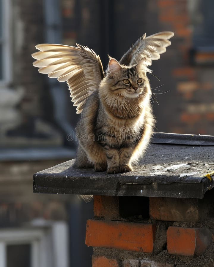 Majestic Winged Cat Perched on a Rooftop at Sunset Stock Illustration ...