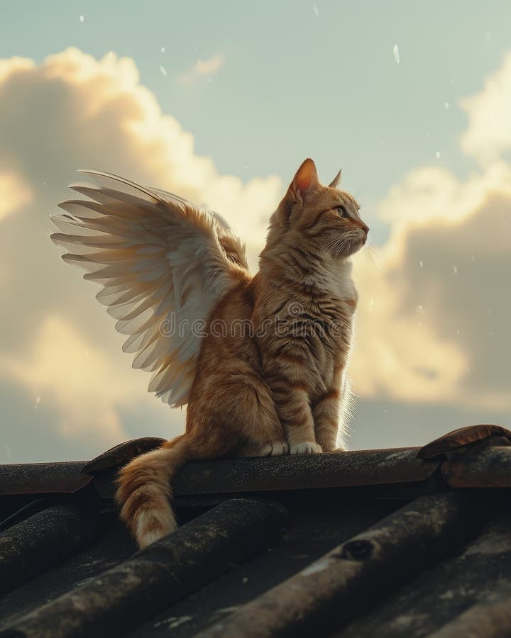 Majestic Winged Cat Perched on a Rooftop at Sunset Stock Illustration ...
