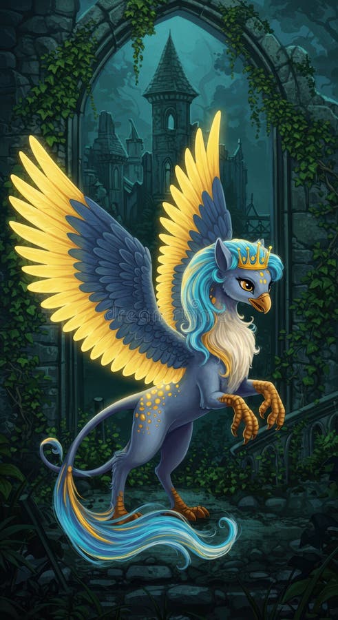 Majestic Winged Griffin with Crown in Enchanted Ruins Stock Image ...