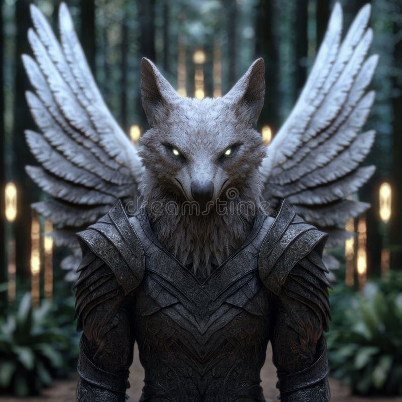 Majestic Winged Wolf Warrior in Dark Forest Stock Illustration ...