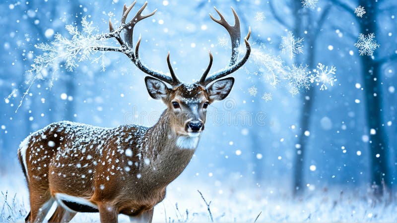 Majestic Winter Deer in Snowy Forest with Falling Snowflakes Stock ...