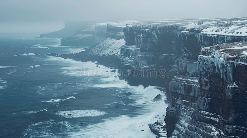 Majestic Winter Seascape with Icy Cliffs and Churning Ocean Waves Stock ...