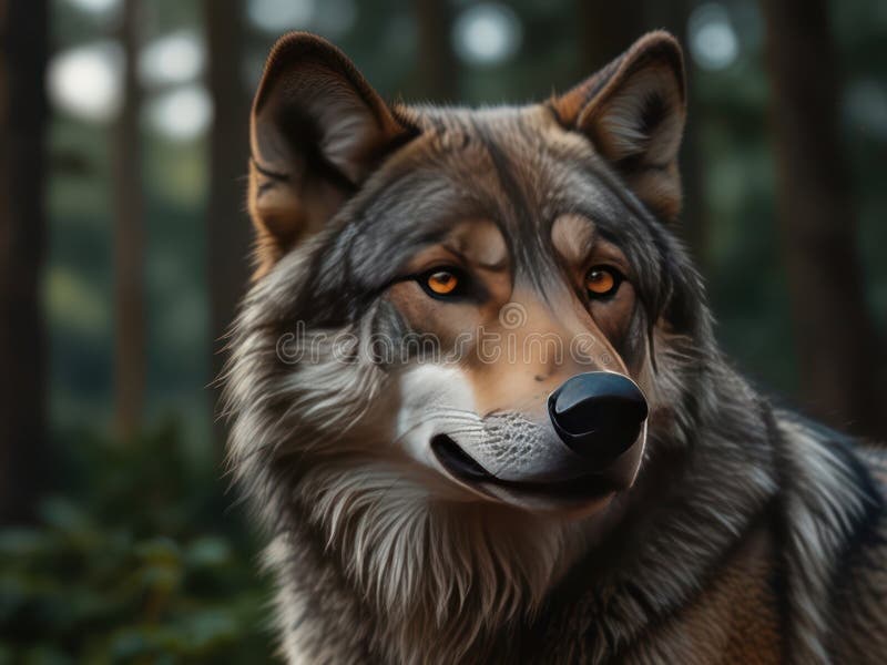 Majestic Wolf with Amber Eyes Posing Serenely in a Forest Stock ...