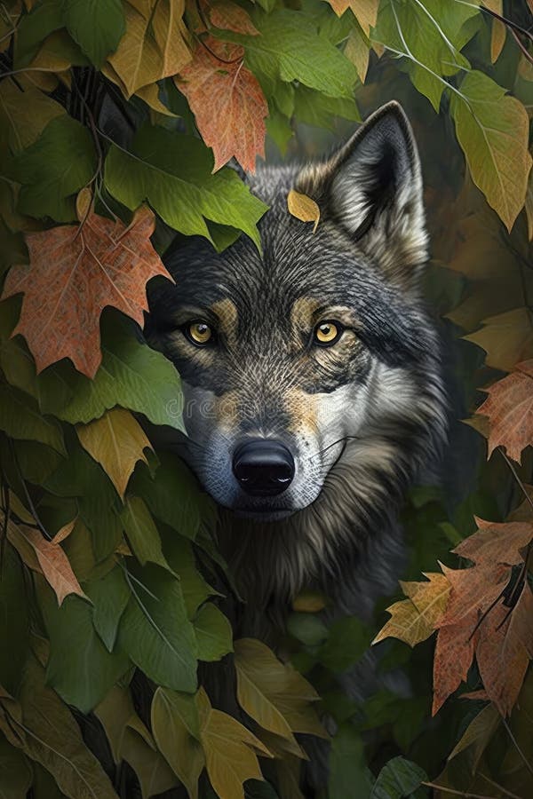 Majestic Wolf Concealed among Leaves for Nature-Themed Designs. Stock ...
