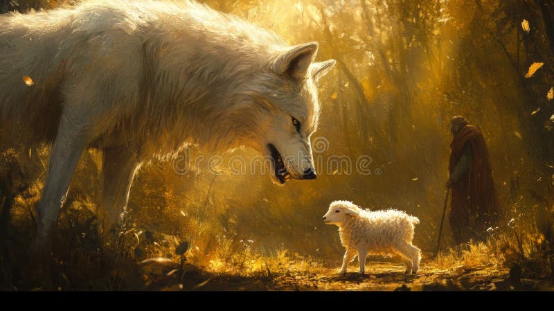 Majestic Wolf Confronts Lamb in a Magical Forest Setting Stock Image ...