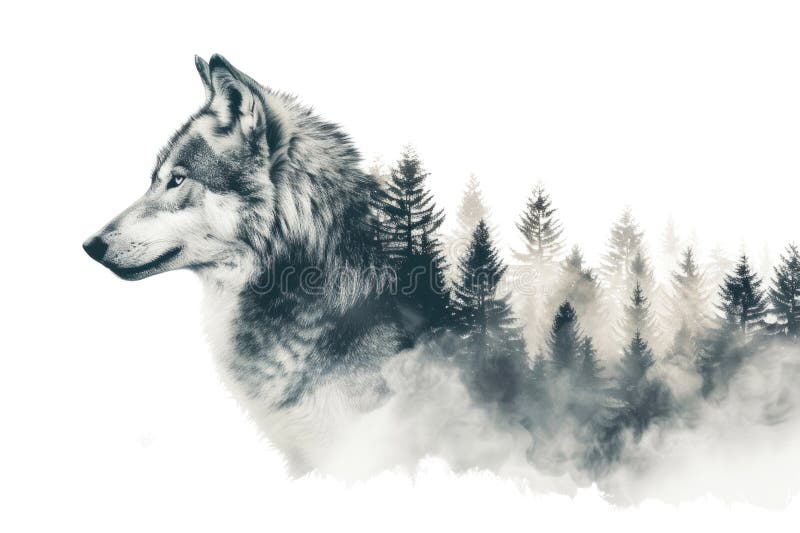 Majestic Wolf Double Exposure with Forest Landscape Stock Illustration ...