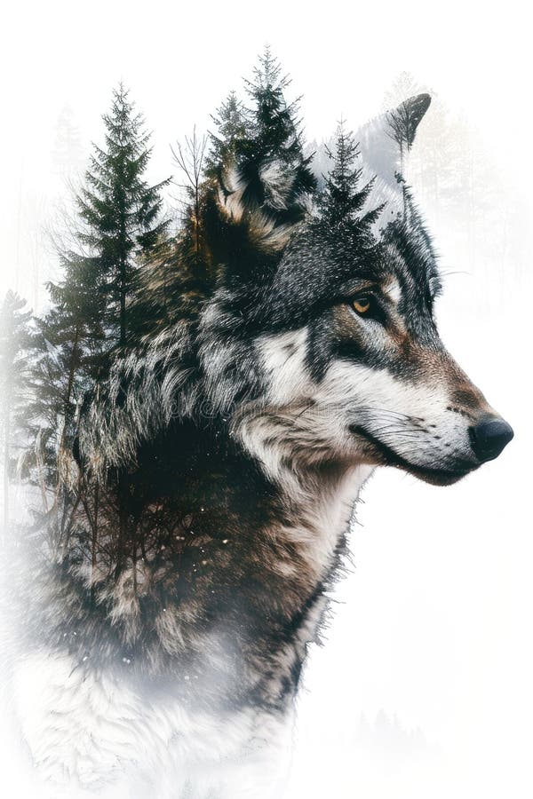 Majestic Wolf Double Exposure with Forest Landscape Stock Image - Image ...