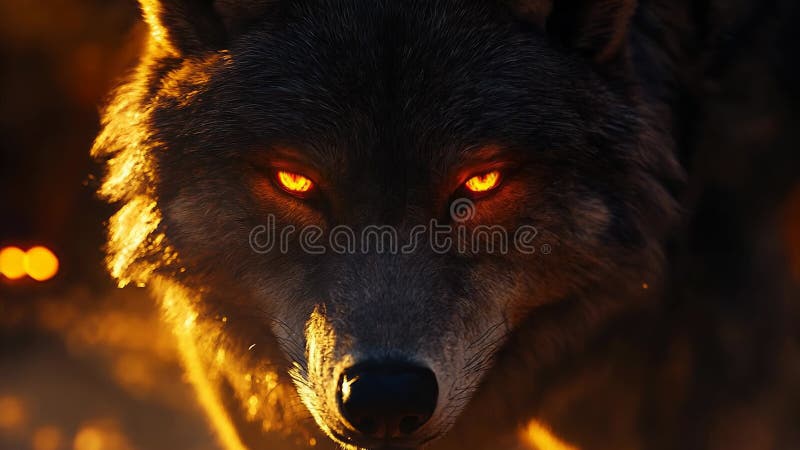 Majestic Wolf with Glowing Eyes in Dramatic Lighting Scene Stock ...