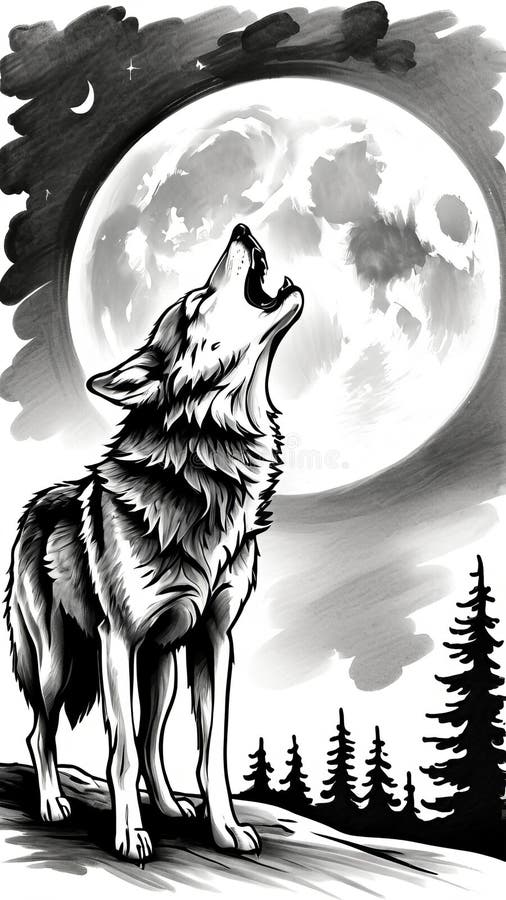 Majestic Wolf Howling at the Full Moon in Black and White Artistic ...