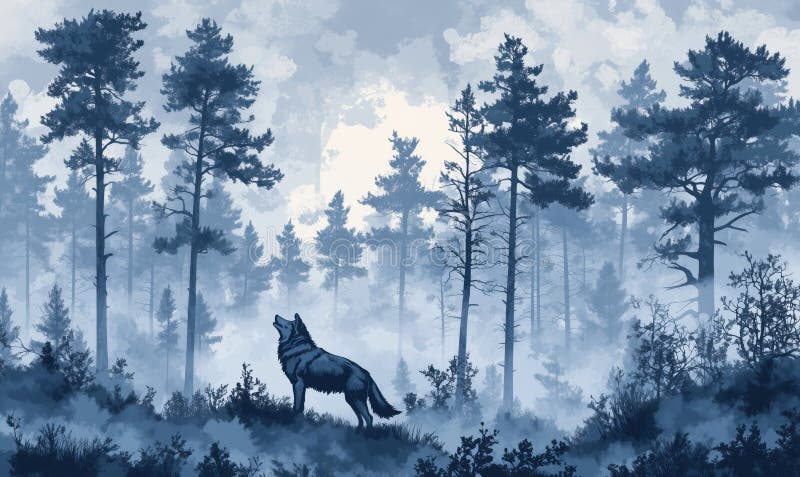 Majestic Wolf Howling Misty Forest Landscape Tall Pine Trees Stock ...