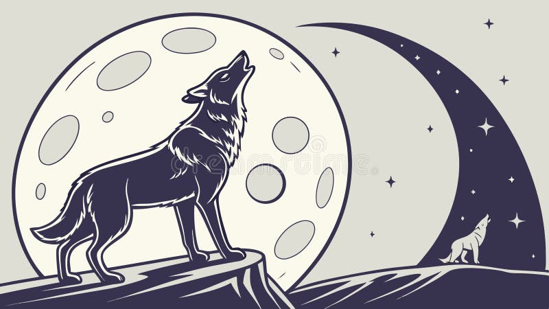 Majestic Wolf Howling at the Moon in Stylized Night Landscape Vector ...