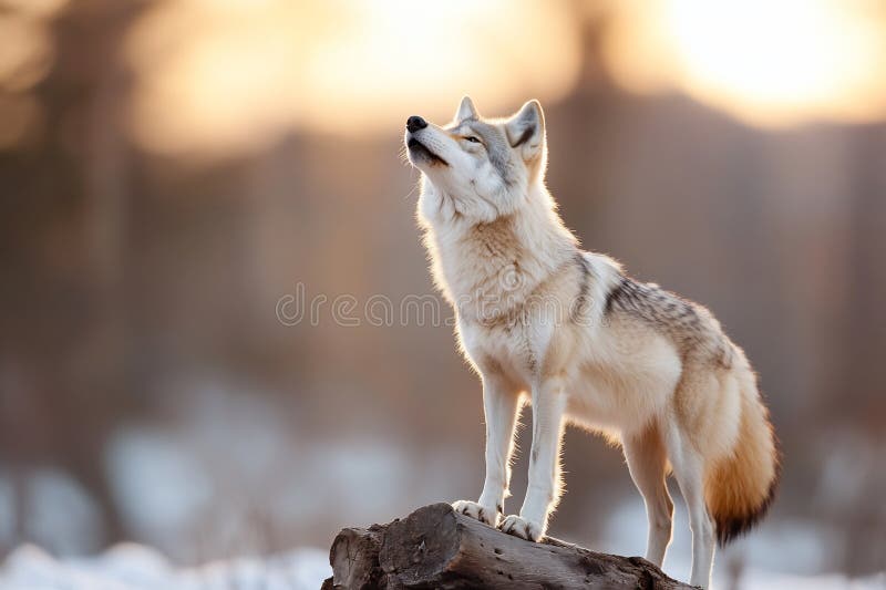 Majestic Wolf Howling at Sunset on a Log Stock Illustration ...