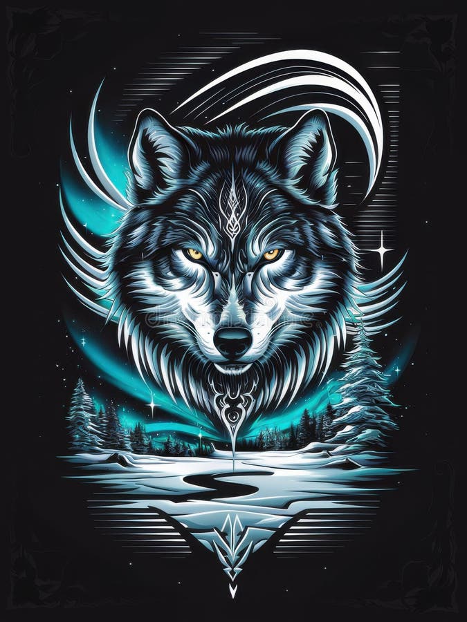 Majestic Wolf Illustration in Mystic Nightscape with Celestial Elements ...