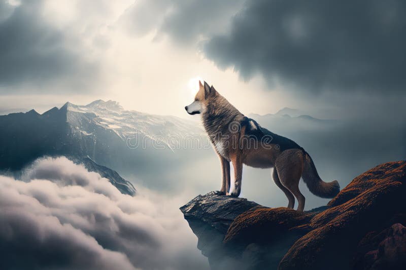 Majestic Wolf on Mountain Peak, with Misty Clouds and Rolling Fog in ...