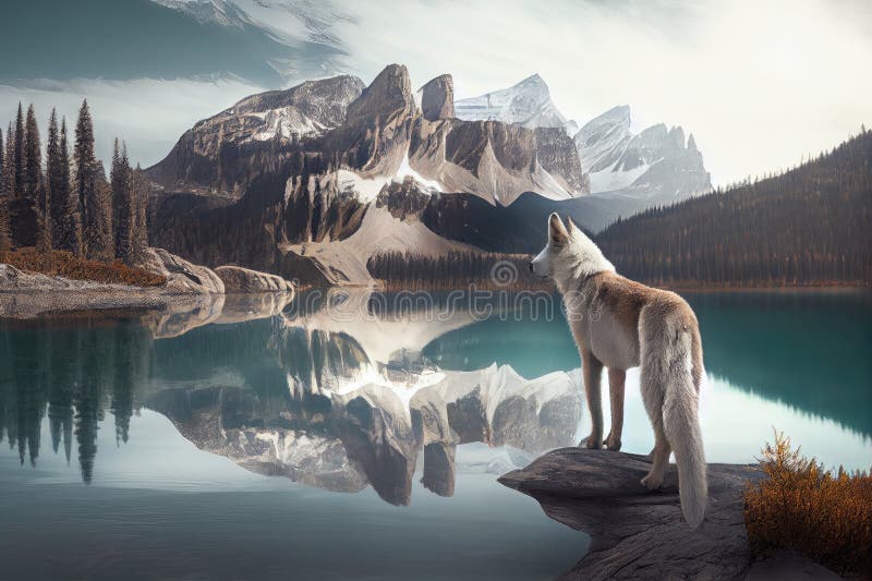 Majestic Wolf Overlooking Crystal-clear Lake, Surrounded by Majestic ...
