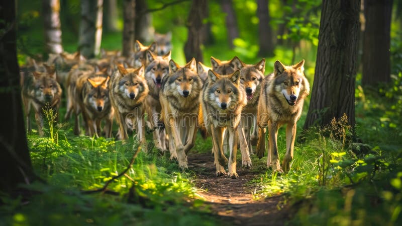 Majestic Wolf Pack on the Forest Trail Stock Photo - Image of fauna ...