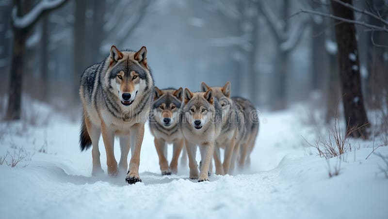 Majestic Wolf Pack in Snowy Forest Alpha Leading Young Stock ...