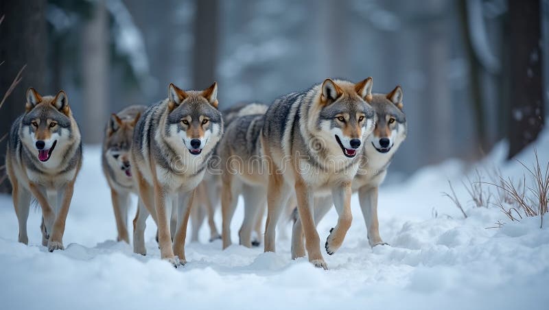 Majestic Wolf Pack in Snowy Forest Alpha Leading Young Stock ...